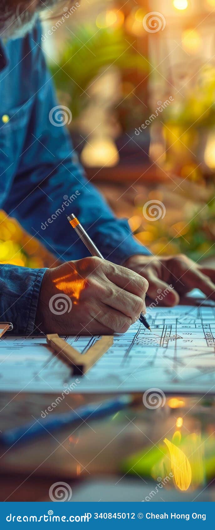 Architects Hand Drawing a Blueprint with a Drafting Pen Stock ...