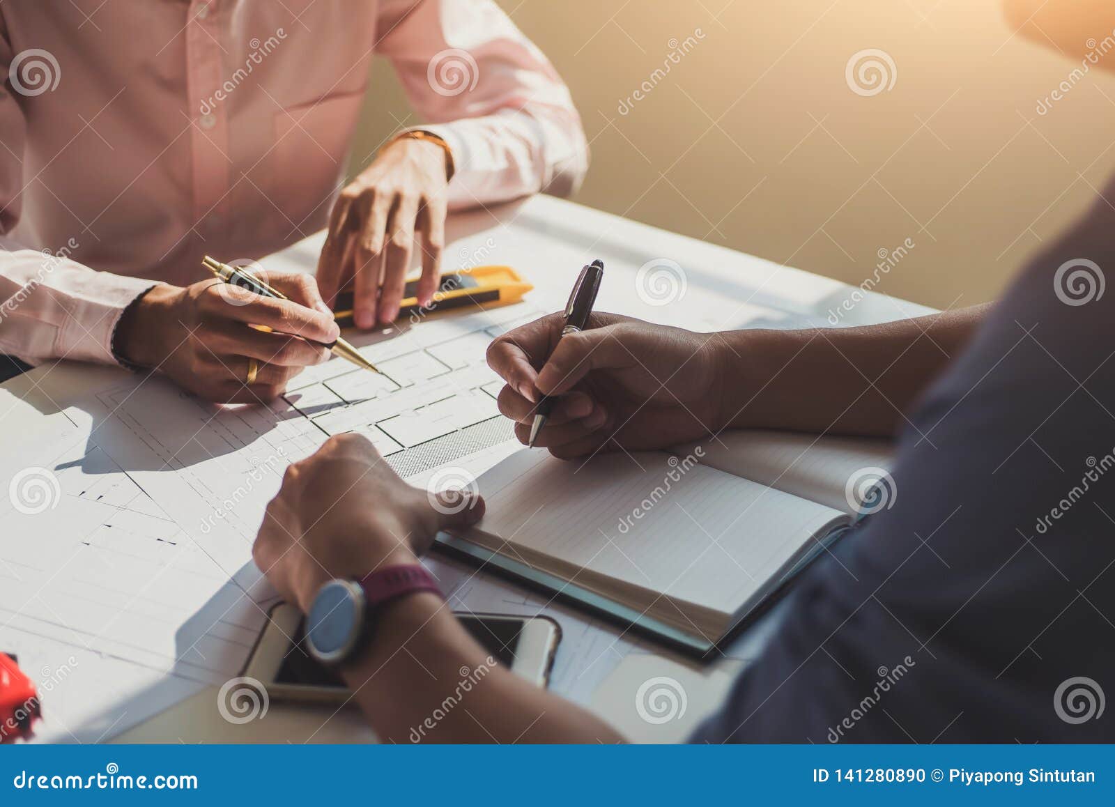 Architects Meeting about Construction Project of House with Blueprints ... Architects Meeting about Construction Project of House with Blueprints ...