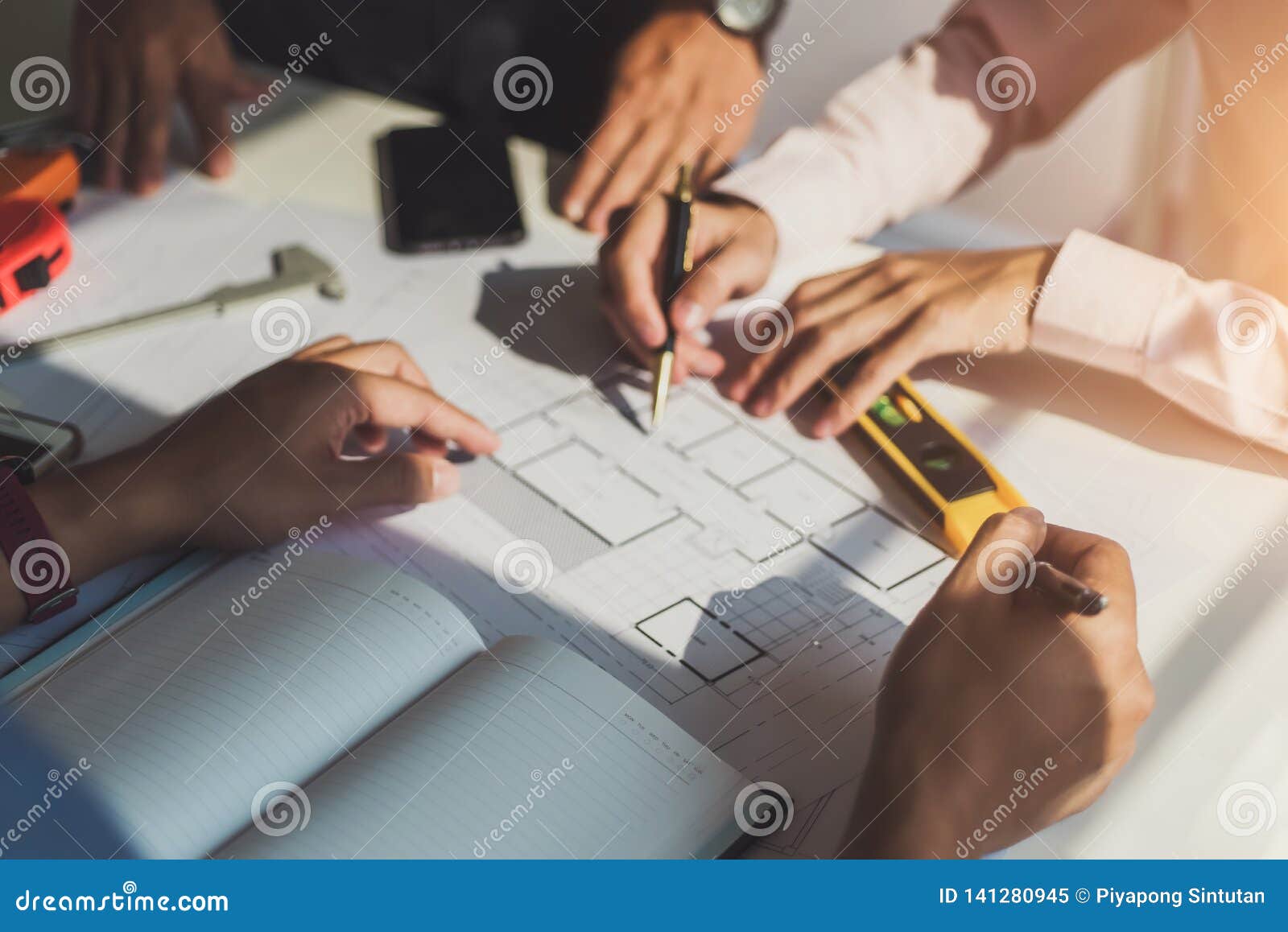 Architects Meeting about Construction Project of House with Blueprints ...