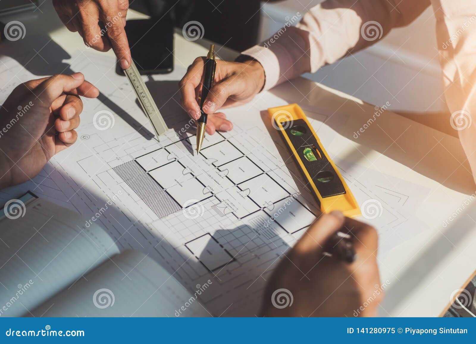 Architects Meeting about Construction Project of House with Blueprints ... Architects Meeting about Construction Project of House with Blueprints ...