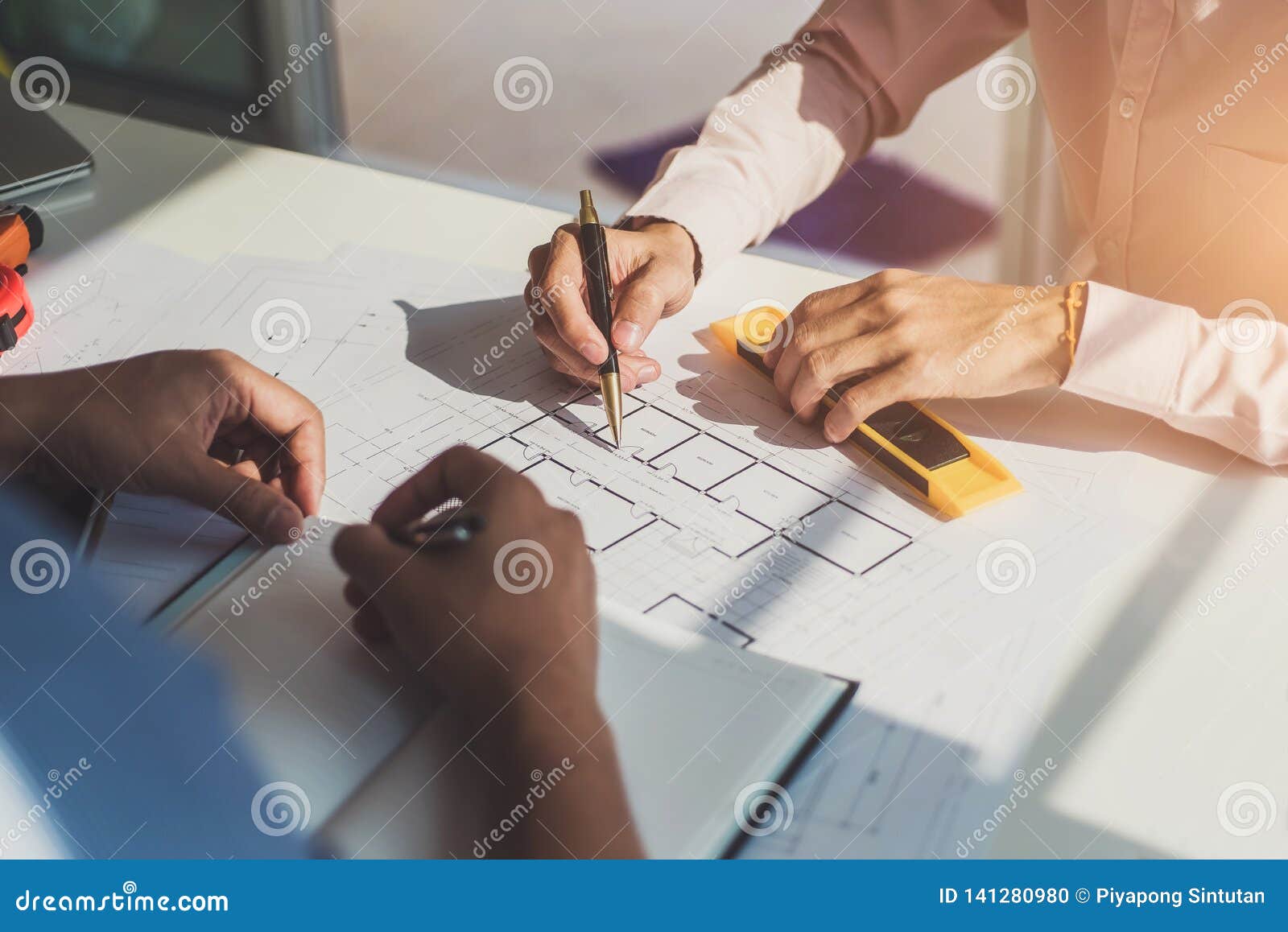 Architects Meeting about Construction Project of House with Blueprints ... Architects Meeting about Construction Project of House with Blueprints ...