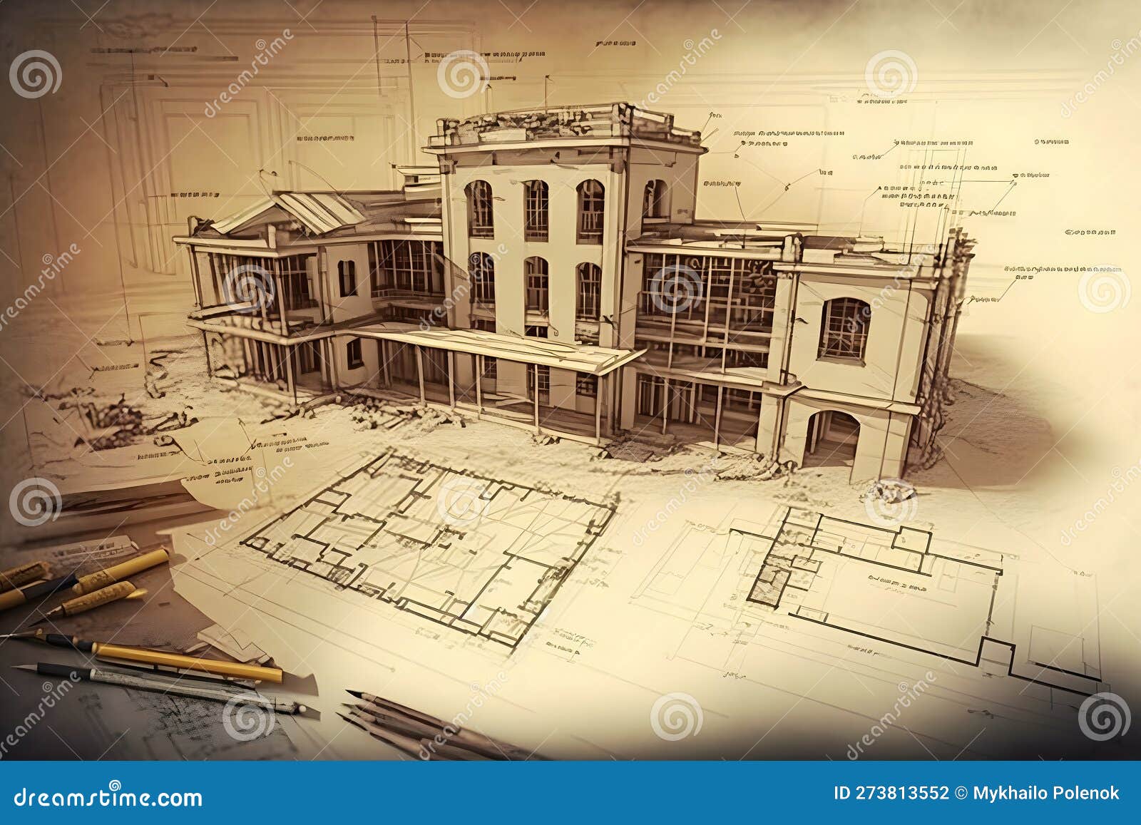 Architects Model House With Plan And Blueprints. Neural Network AI ...