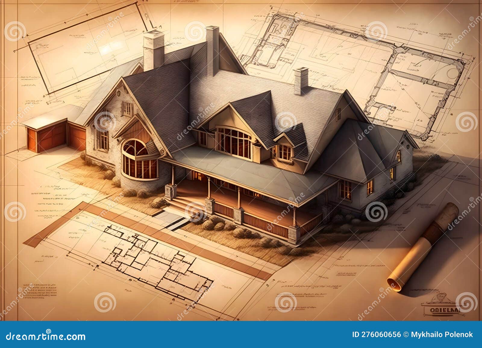 Architects Model House with Plan and Blueprints. Neural Network AI ...