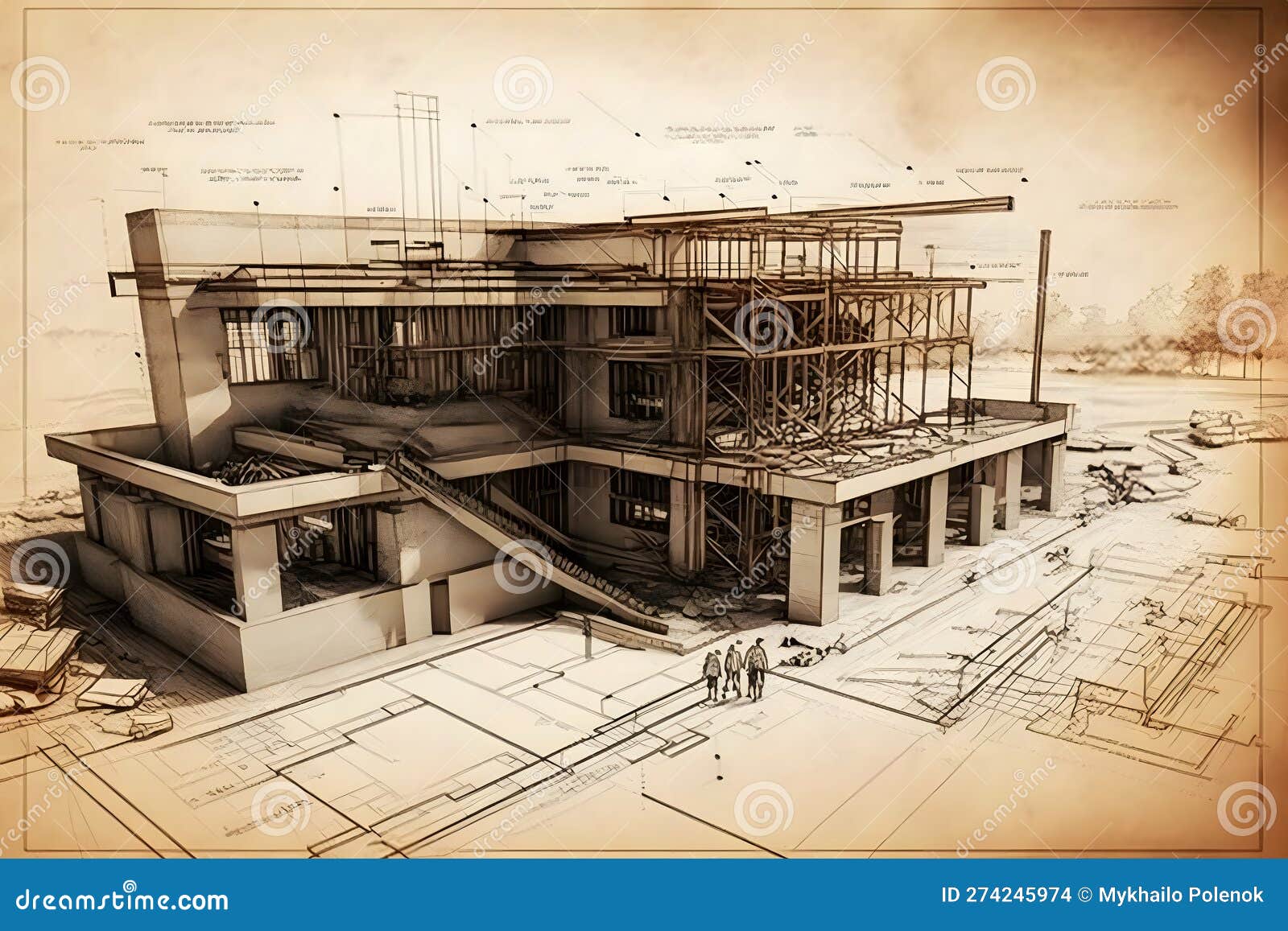Architects Model House With Plan And Blueprints. Neural Network AI ...