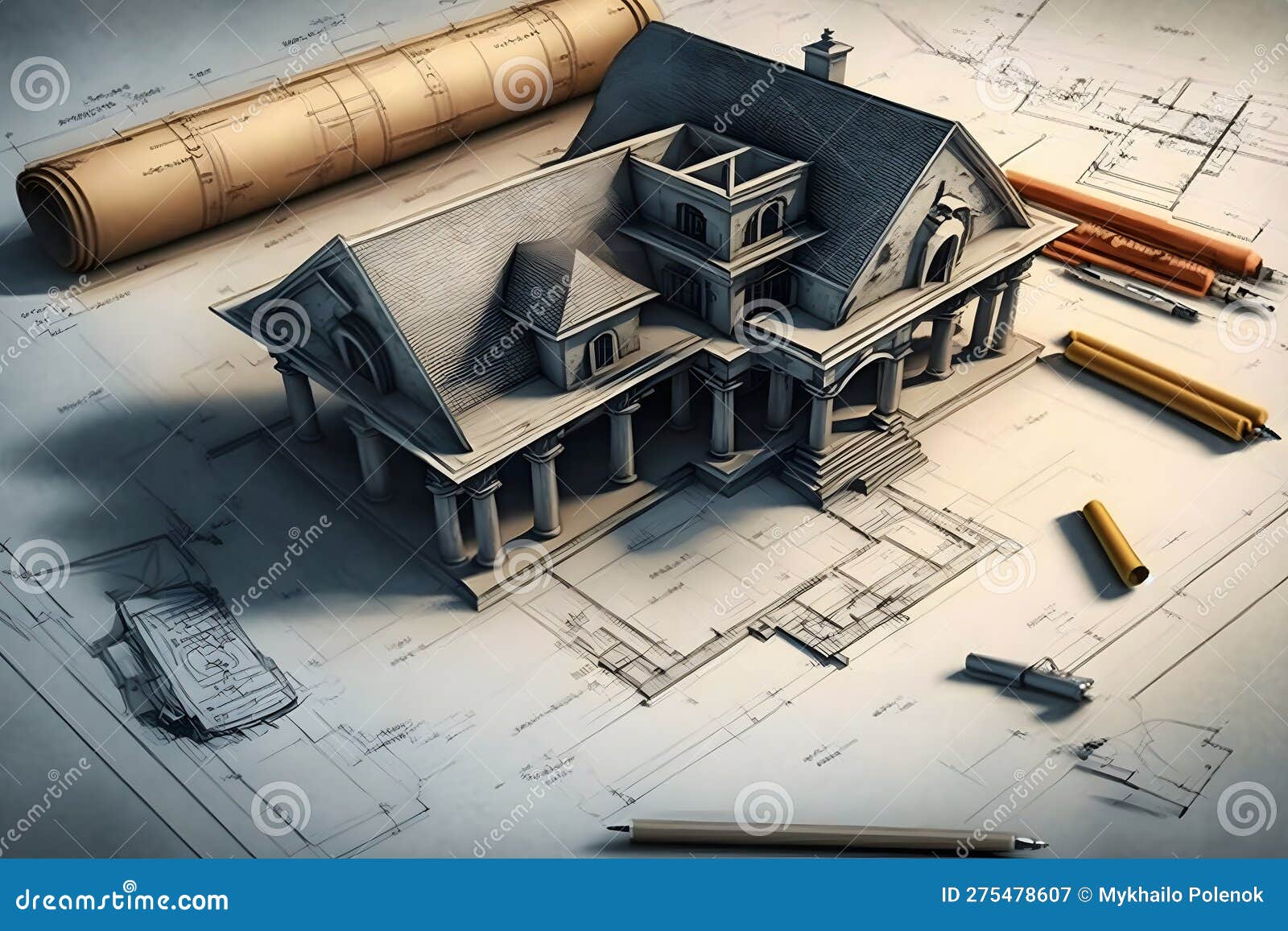 Architects Model House With Plan And Blueprints. Neural Network AI ...