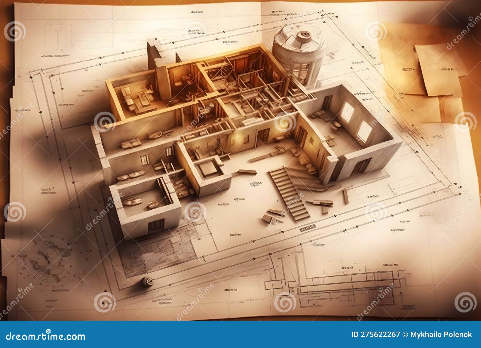 Architects Model House With Plan And Blueprints. Neural Network AI ...