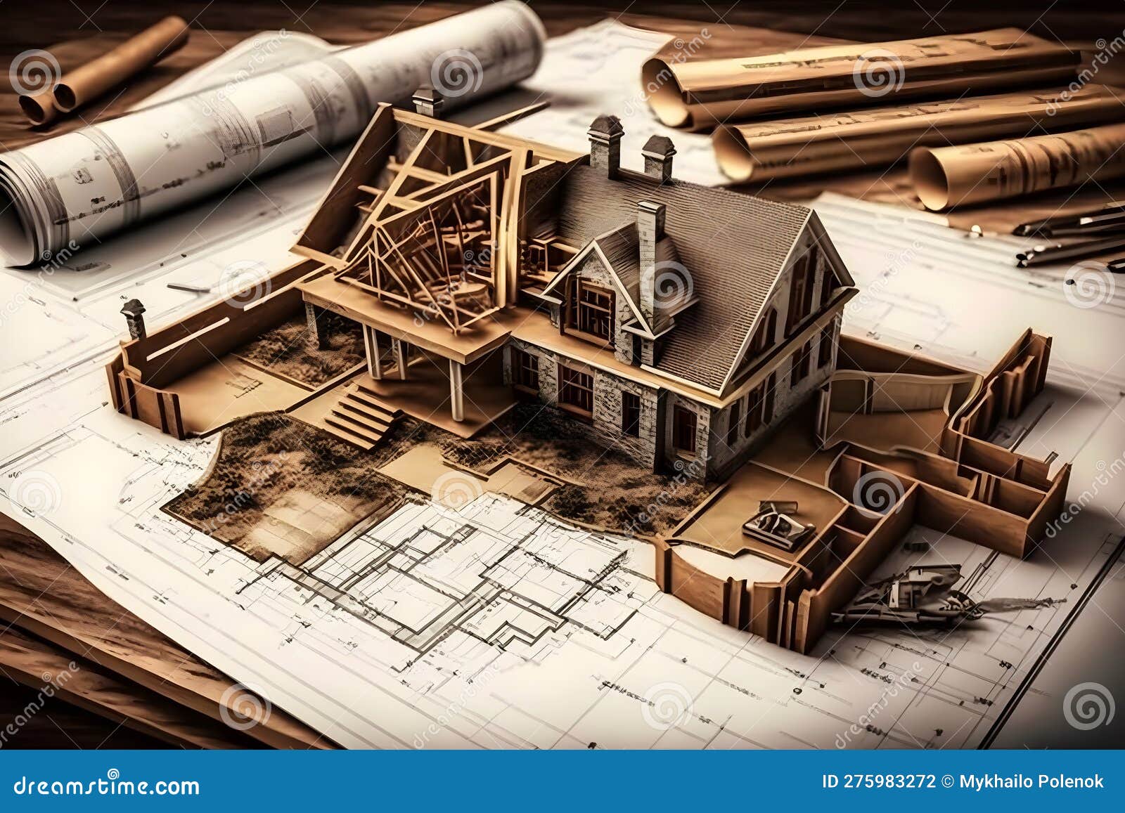 Architects Model House With Plan And Blueprints. Neural Network AI ...