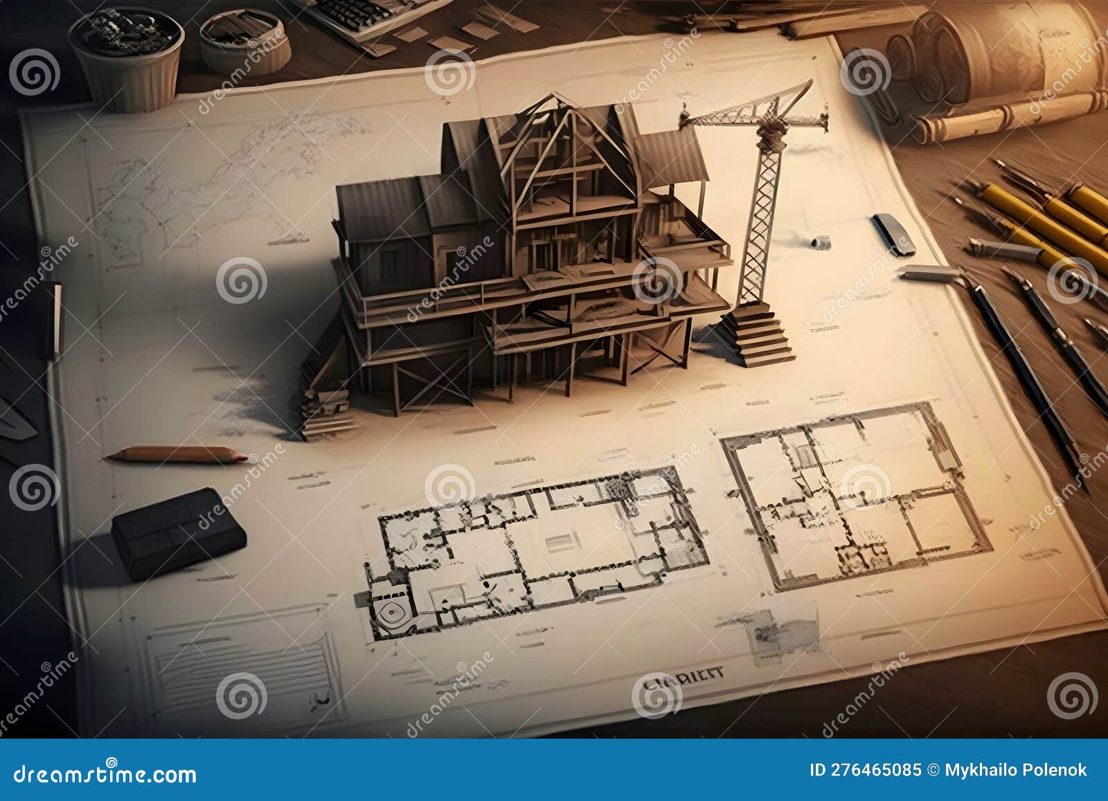 Architects Model House with Plan and Blueprints. Neural Network AI ...