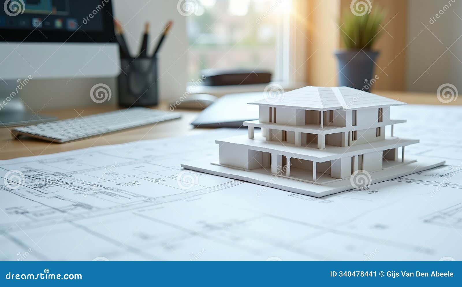 Architects Office with Detailed Blueprints and a Scale Model of a ...