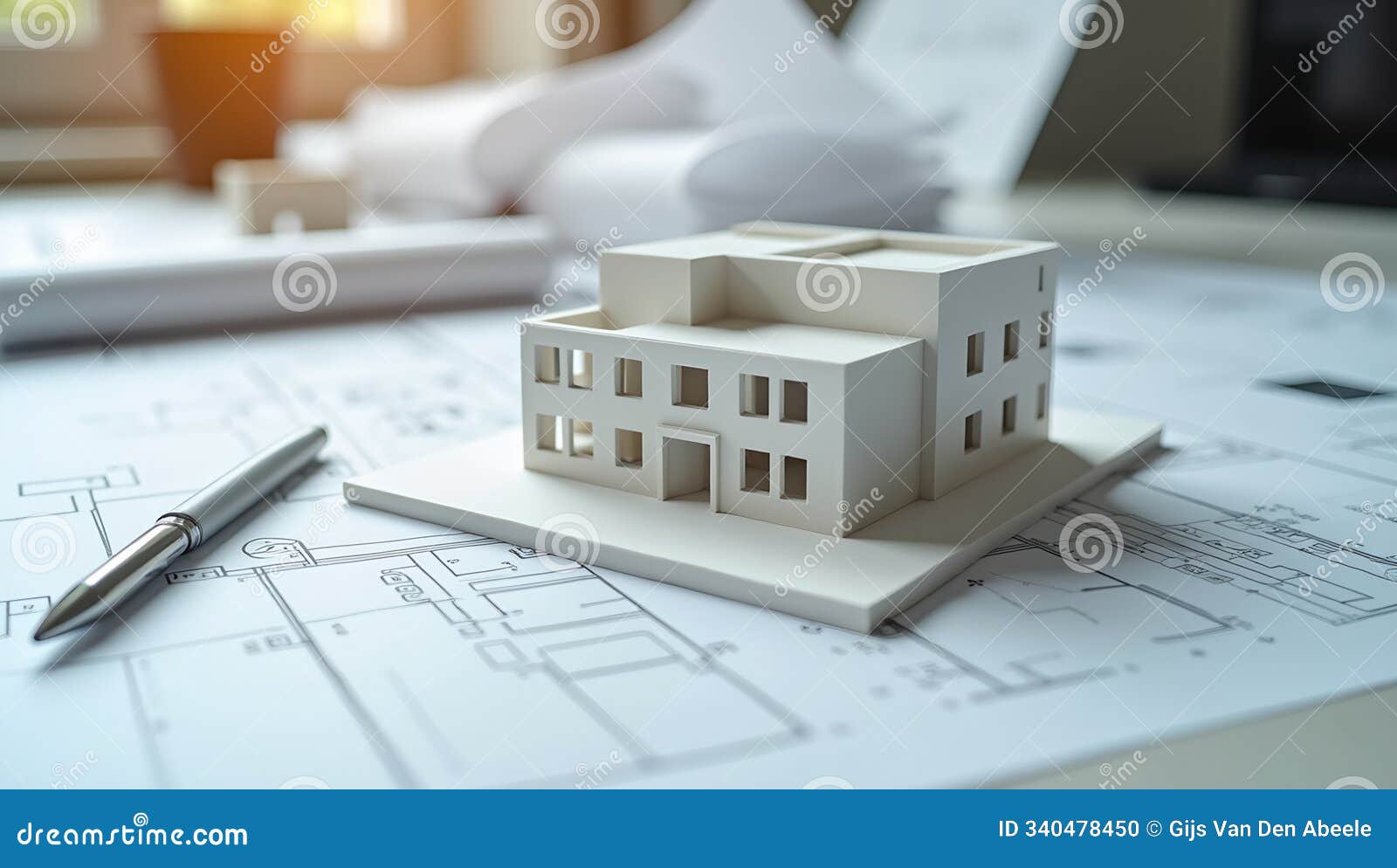 Architects Office with Detailed Blueprints and a Scale Model of a ...