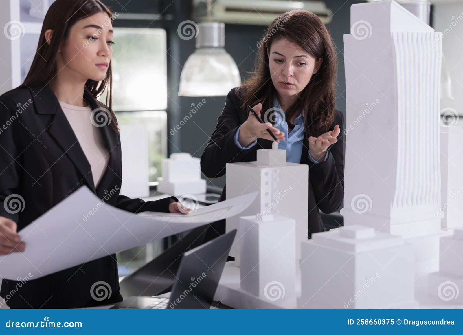 Architects Teamwork, Engineers Discussing Blueprint, Holding Building ...