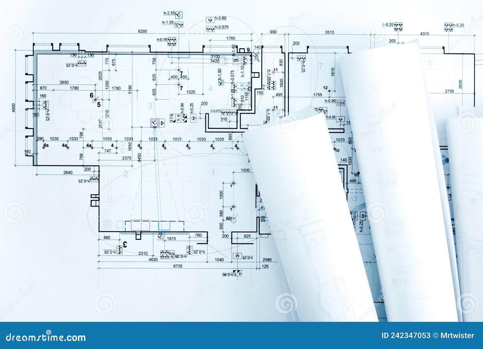 Architects Work Table with Blueprint Rolls and Technical Drawings Stock ...