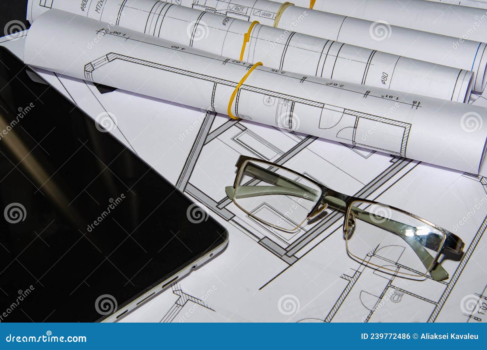 Architects Work Table with Technical Drawings and Tablet Computer Stock ...