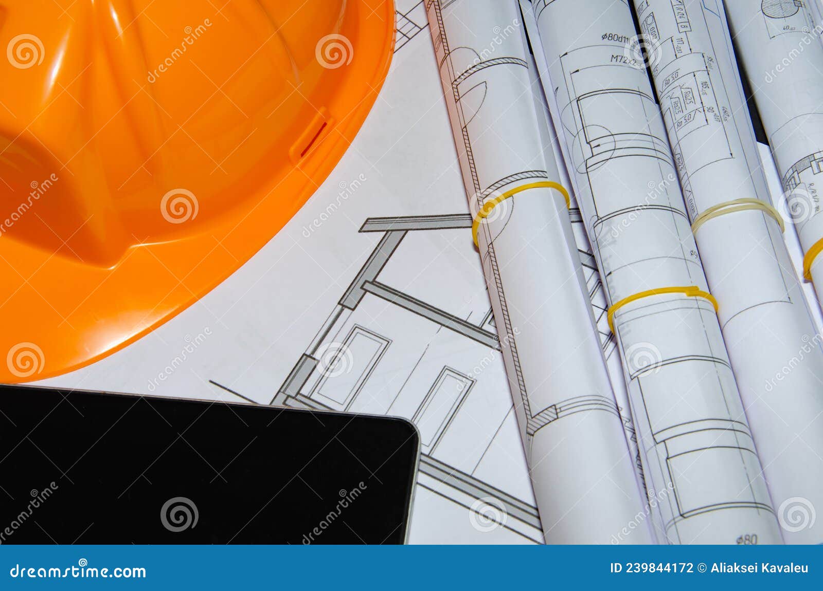 Architects Work Table with Technical Drawings and Tablet Computer Stock ...