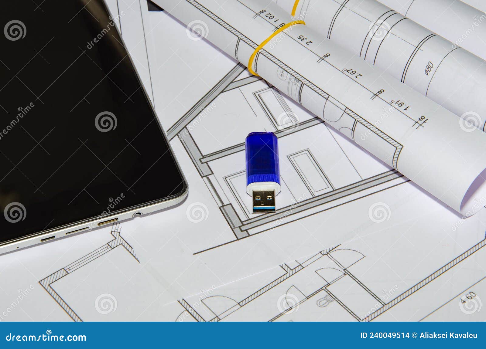 Architects Work Table with Technical Drawings and Tablet Computer Stock ...