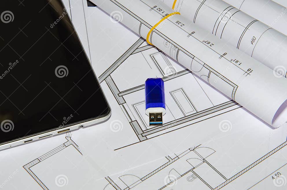 Architects Work Table with Technical Drawings and Tablet Computer Stock ...