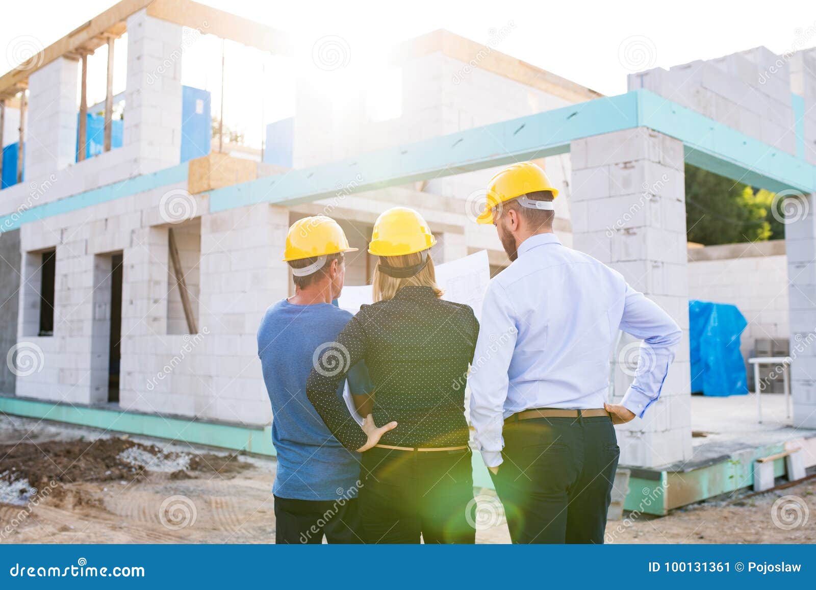 Architects and Worker at the Construction Site. Stock Image - Image of ...