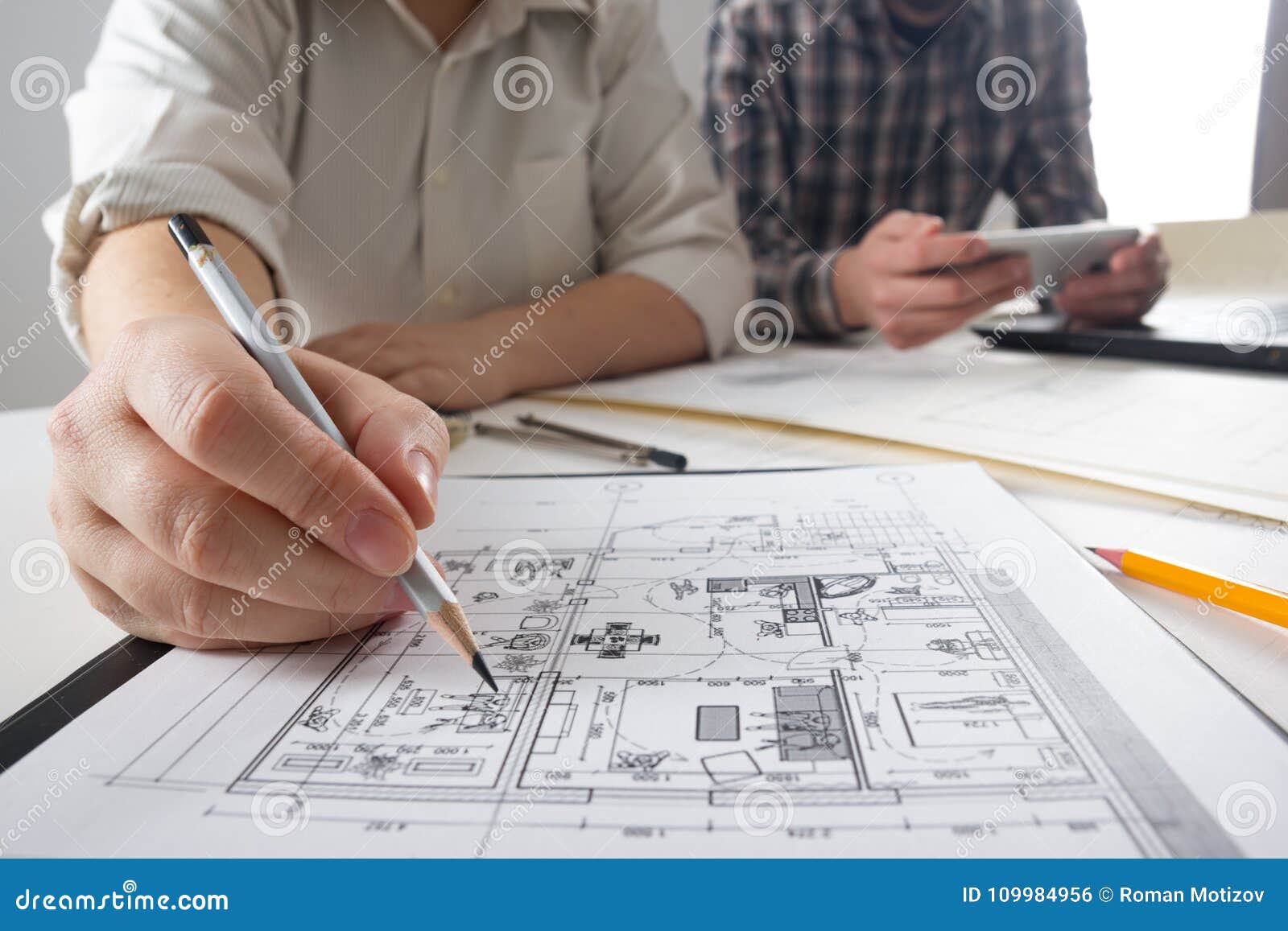 Architects Working on Blueprint, Real Estate Project. Architect ...