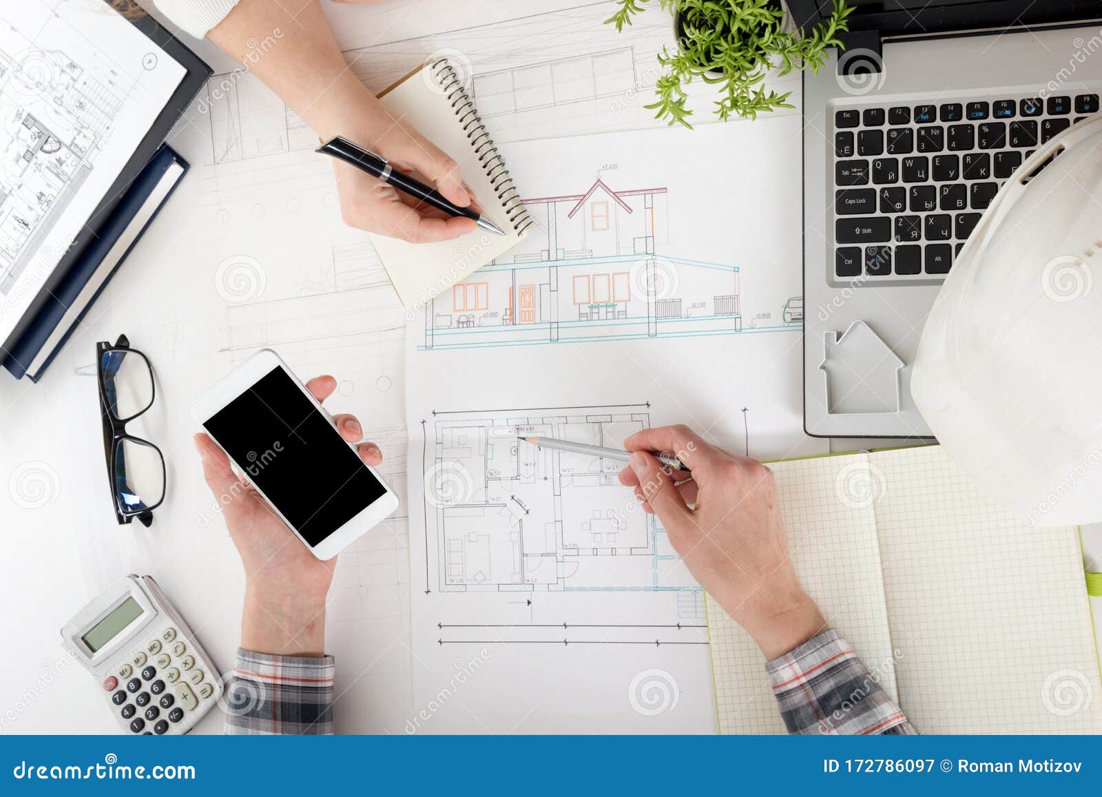 Architects Working on Blueprint, Real Estate Project. Architect ...