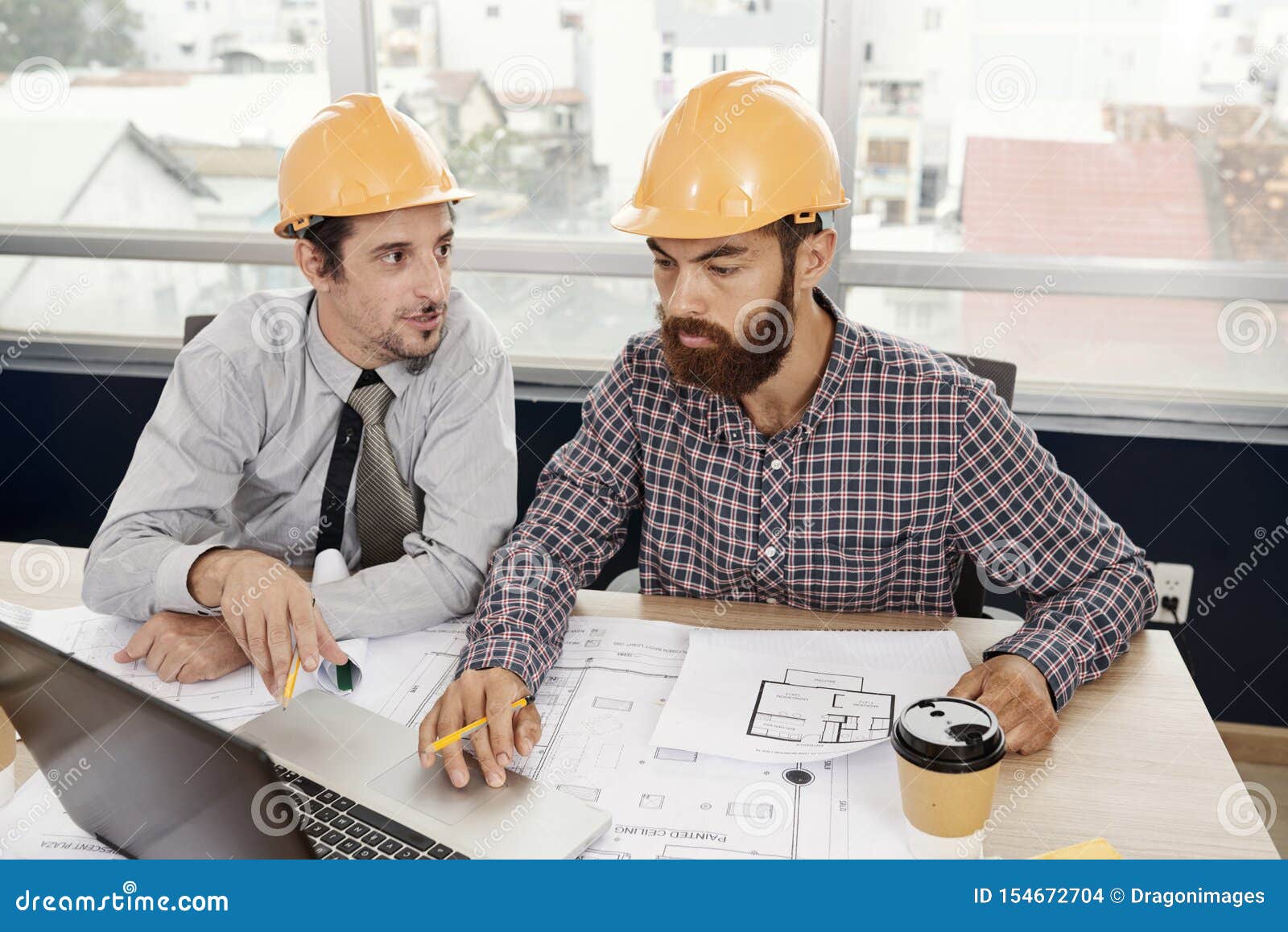 Architects Working with Laptop and Blueprint Stock Photo - Image of ...