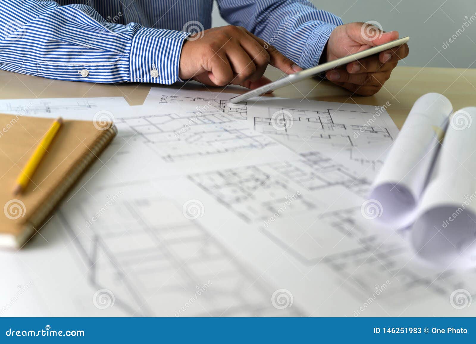 Architect Workplace With Project Plans. Part Of Architectural Project ...