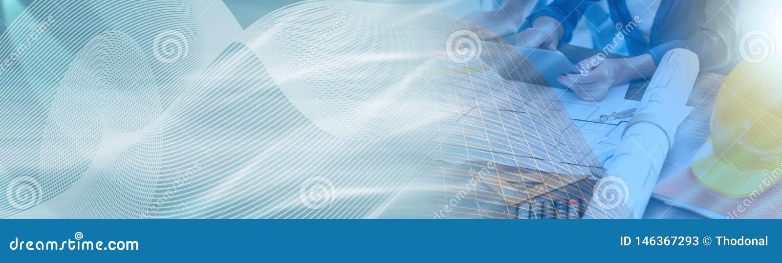 Architects Working on Plans, Double Exposure, Light Effect. Panoramic ...