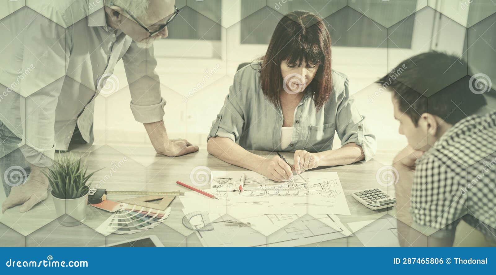 Architects Working on Plans, Geometric Pattern Stock Illustration ...