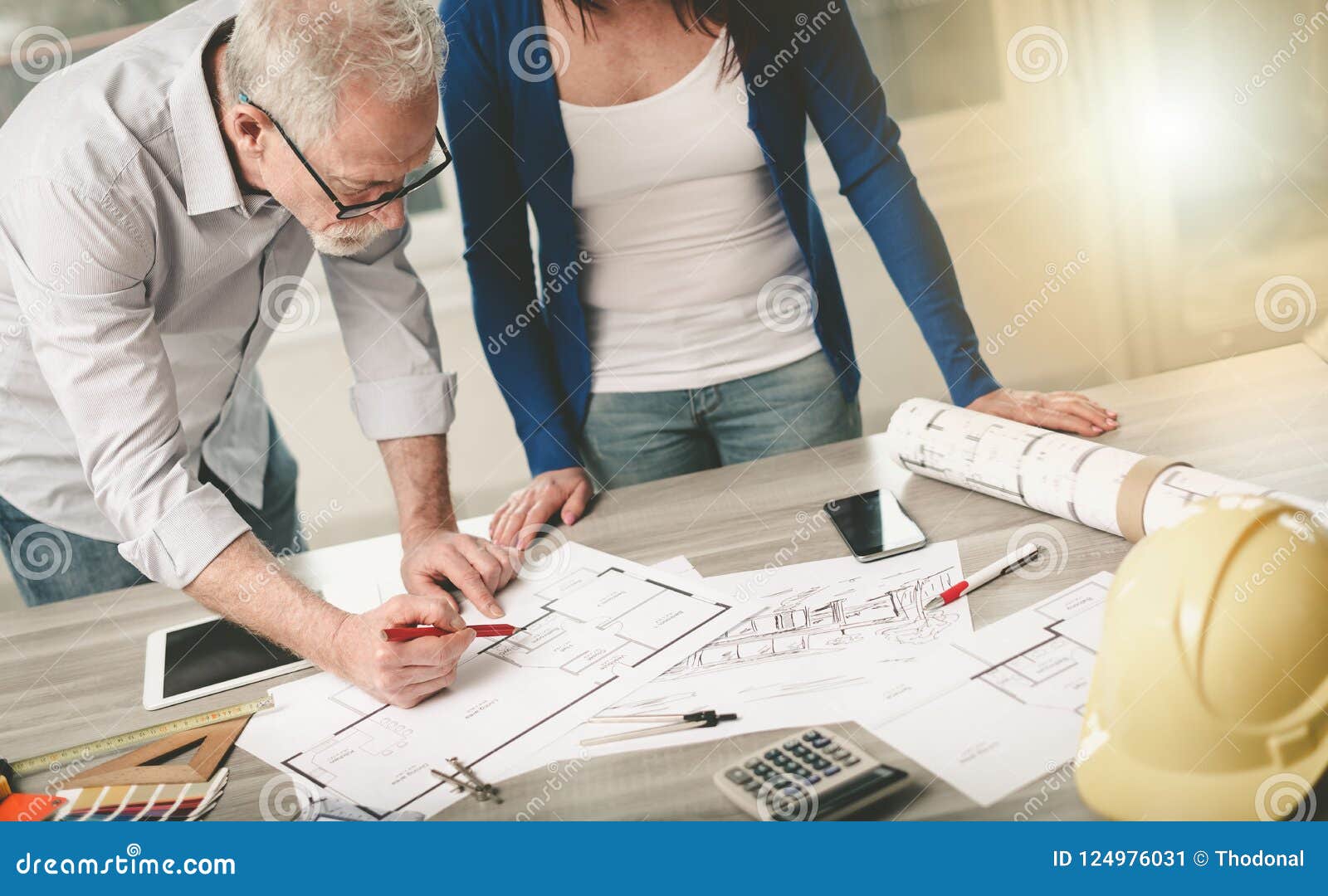 Architects Working on Plans, Light Effect Stock Image - Image of ...