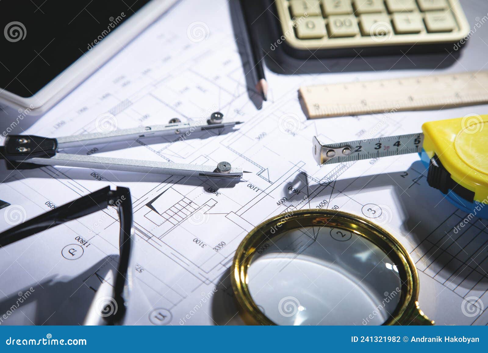 Architects Workplace with Architectural Project Plan and Other Objects ...