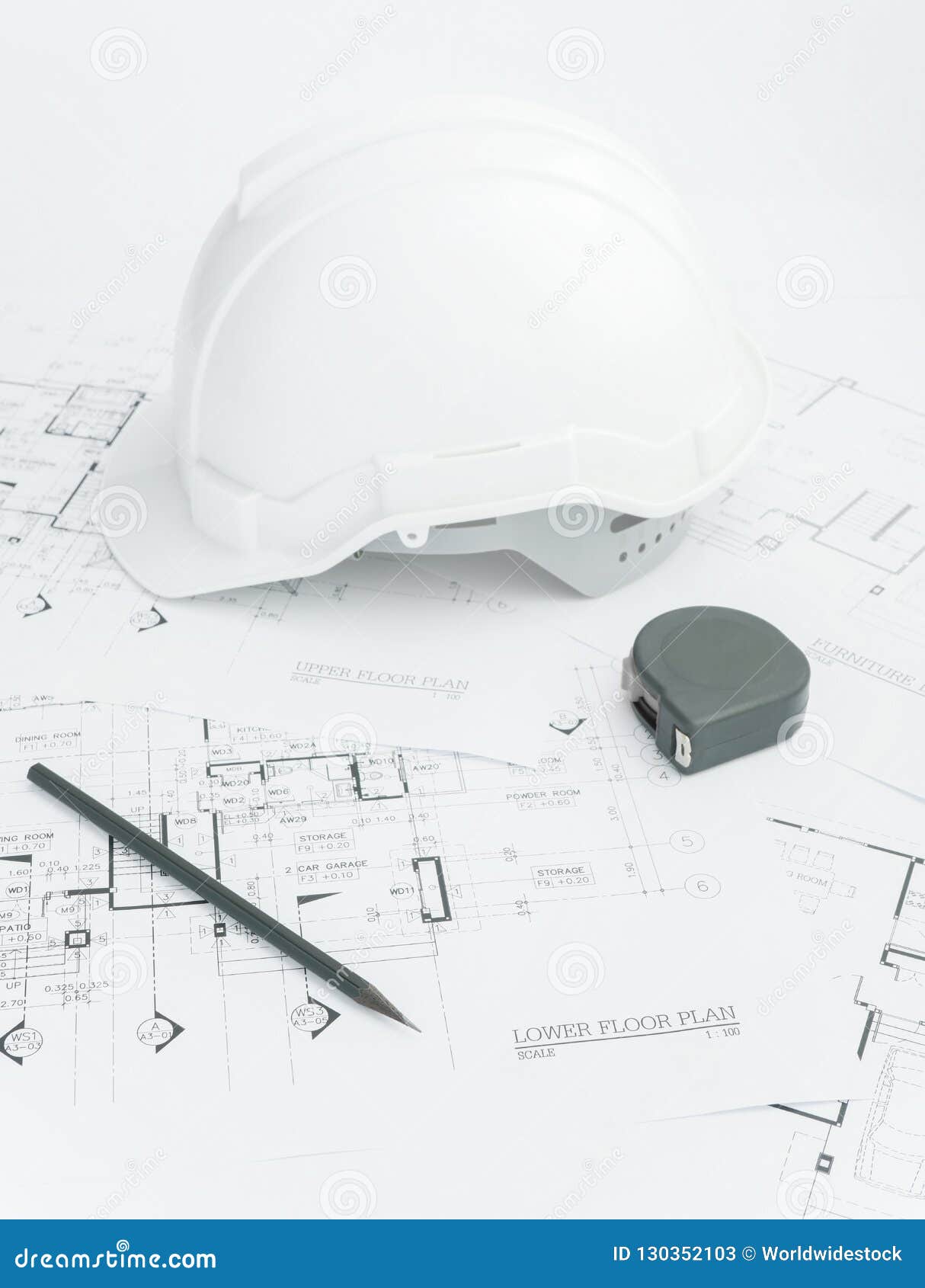 Architectural Tools, Blueprints, Helmet, Measuring Tape, Construction ...