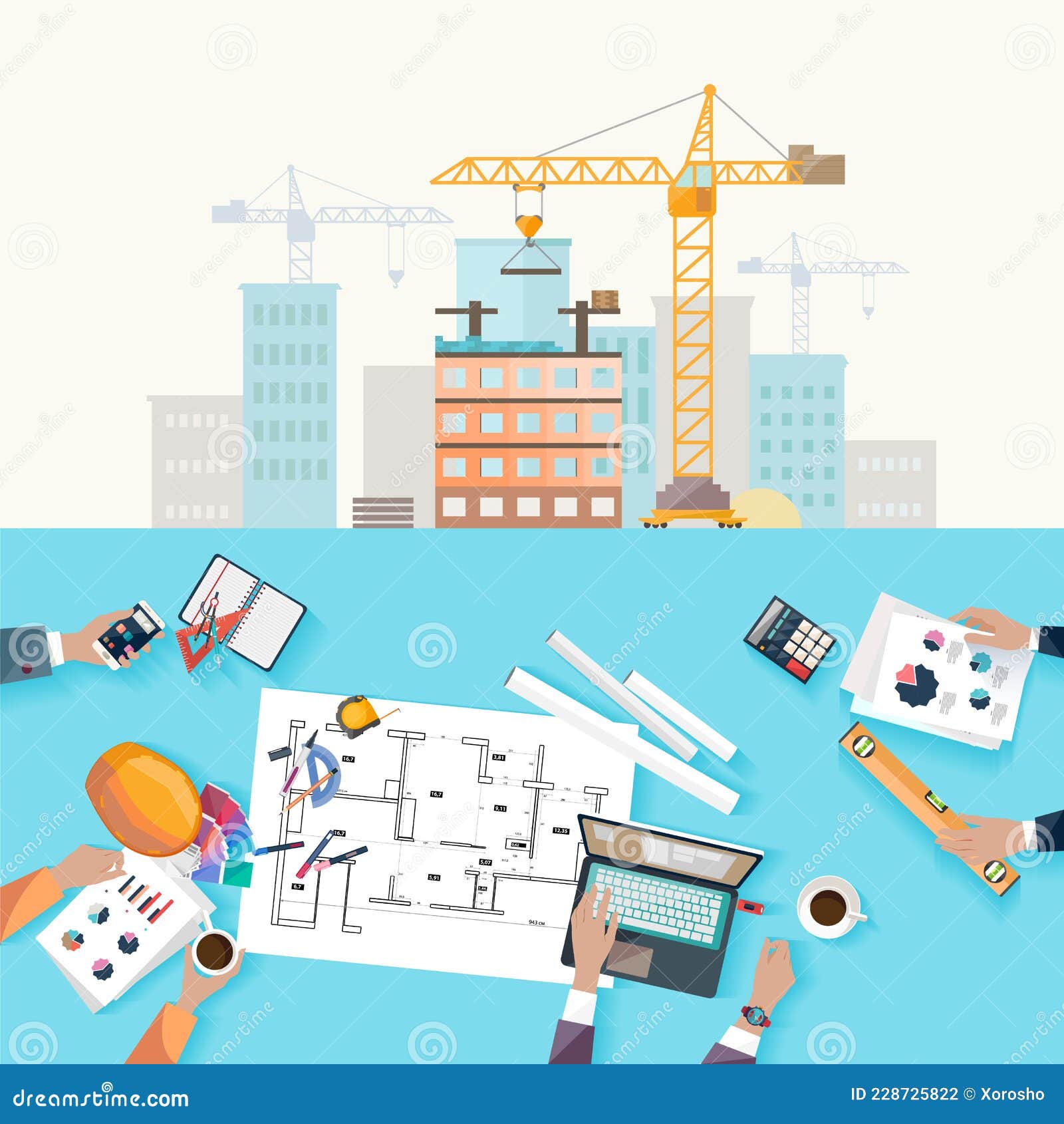 Architects Workplace. Flat Design Stock Vector - Illustration of rolled ...
