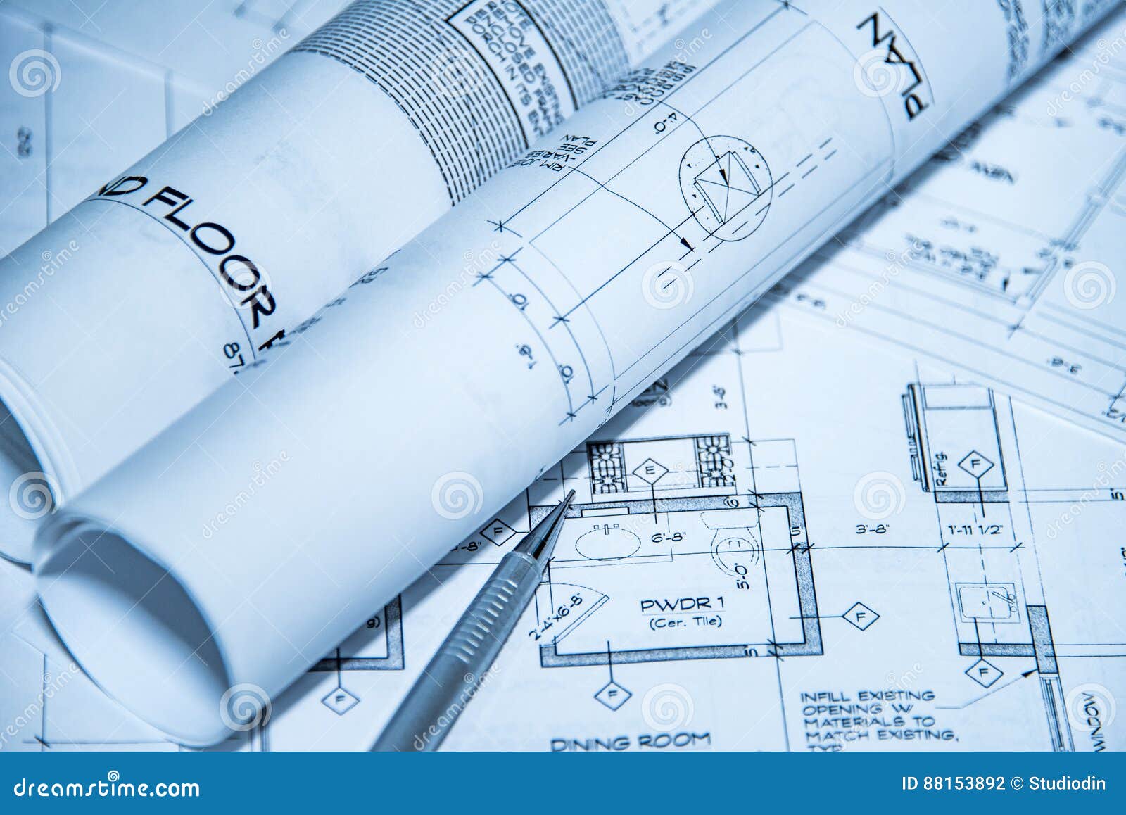 Architects Workplace Top View Of Blueprints. Architectural Projects ...