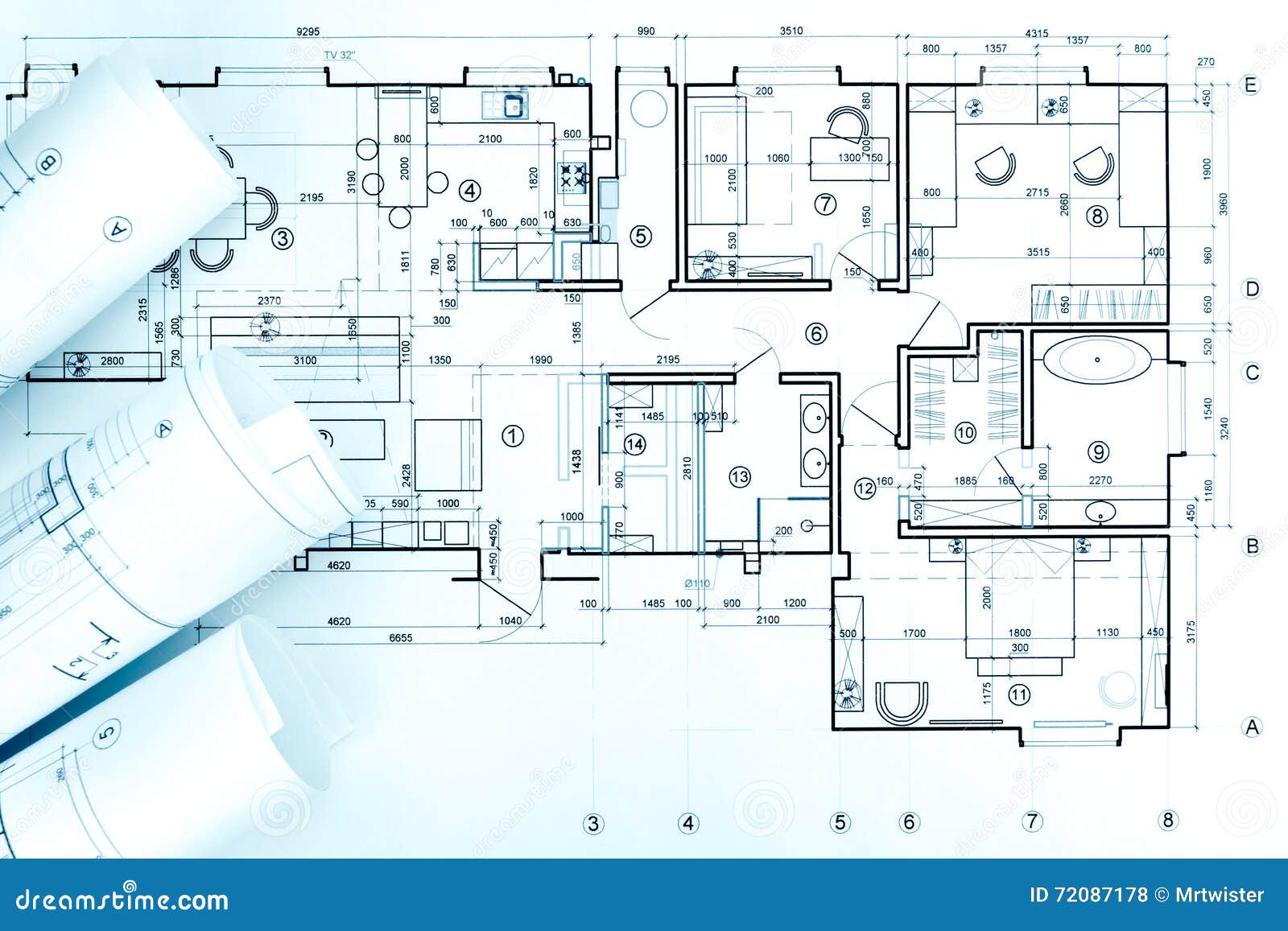 Architects Workspace with Blueprint Rolls and Technical Drawings Stock ...