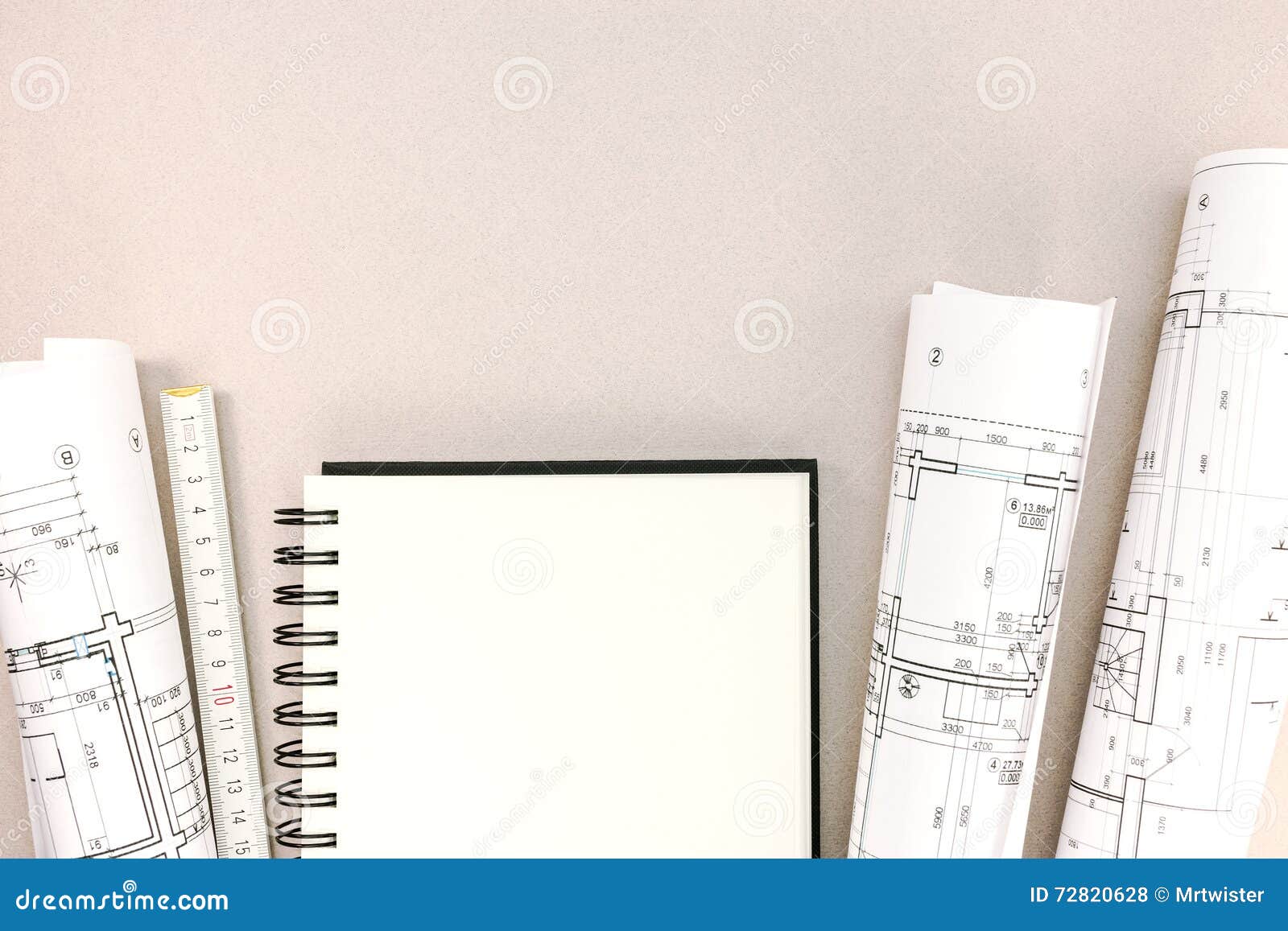 Architects Workspace with Blueprints, Notepad and Folding Rule Stock ...