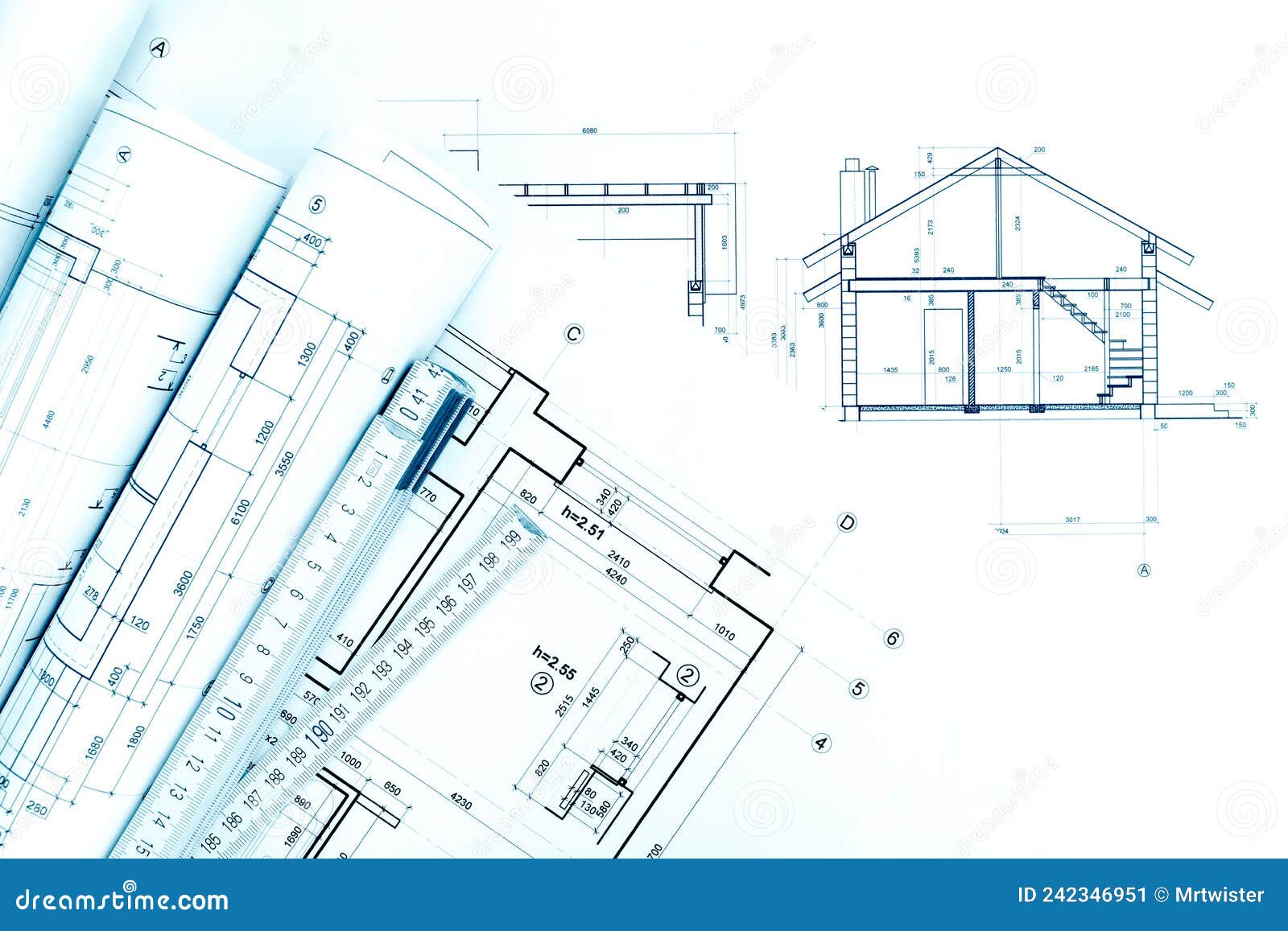 Architectural Technical Drawings with House Plans and Folding Rule ...