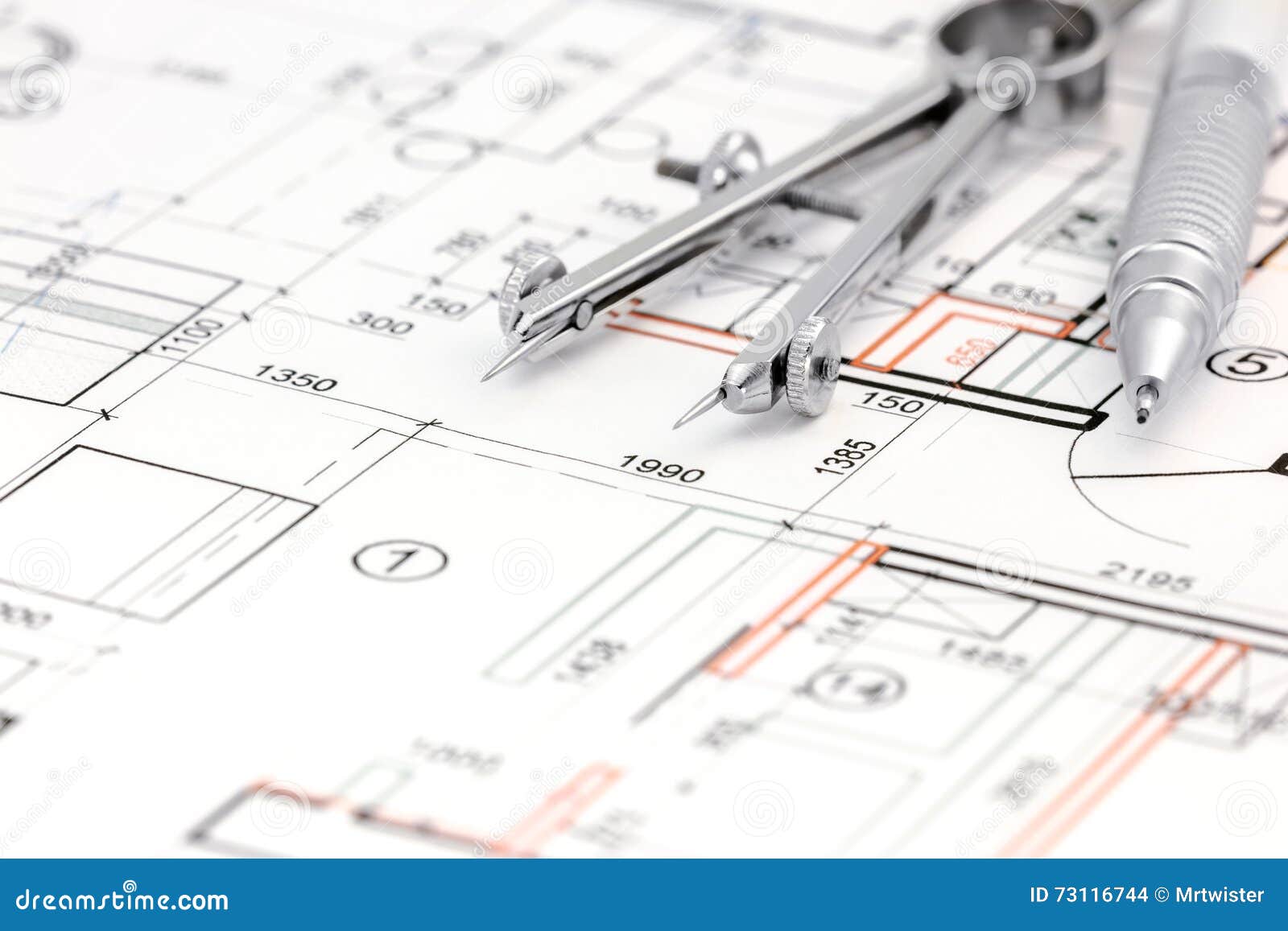 Architectural Background with Floor Plan, Drawing Compass and Pencil ...