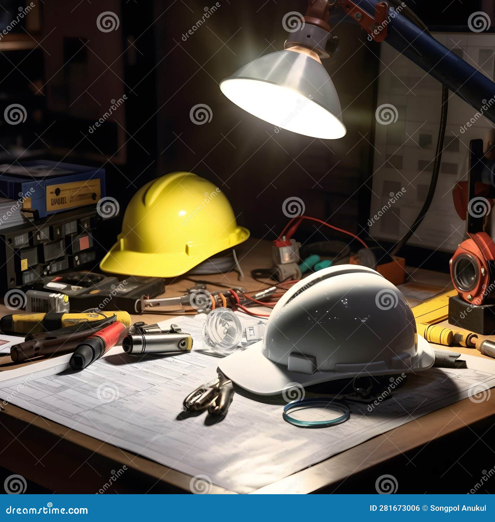 Architectural Background with Safety Engineer Helmet , Flashlight and ...