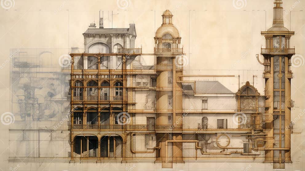 An Architectural Blueprint with Detailed Floor Plans and Elevation ...