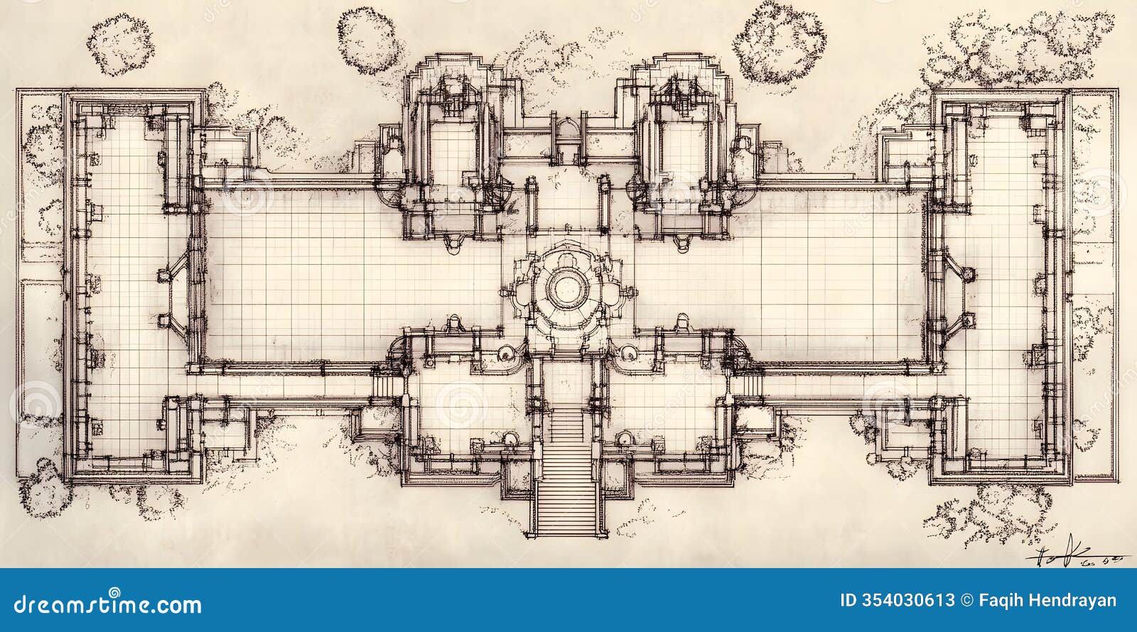 Architectural Blueprint Illustration Symmetrical Building Design Top ...