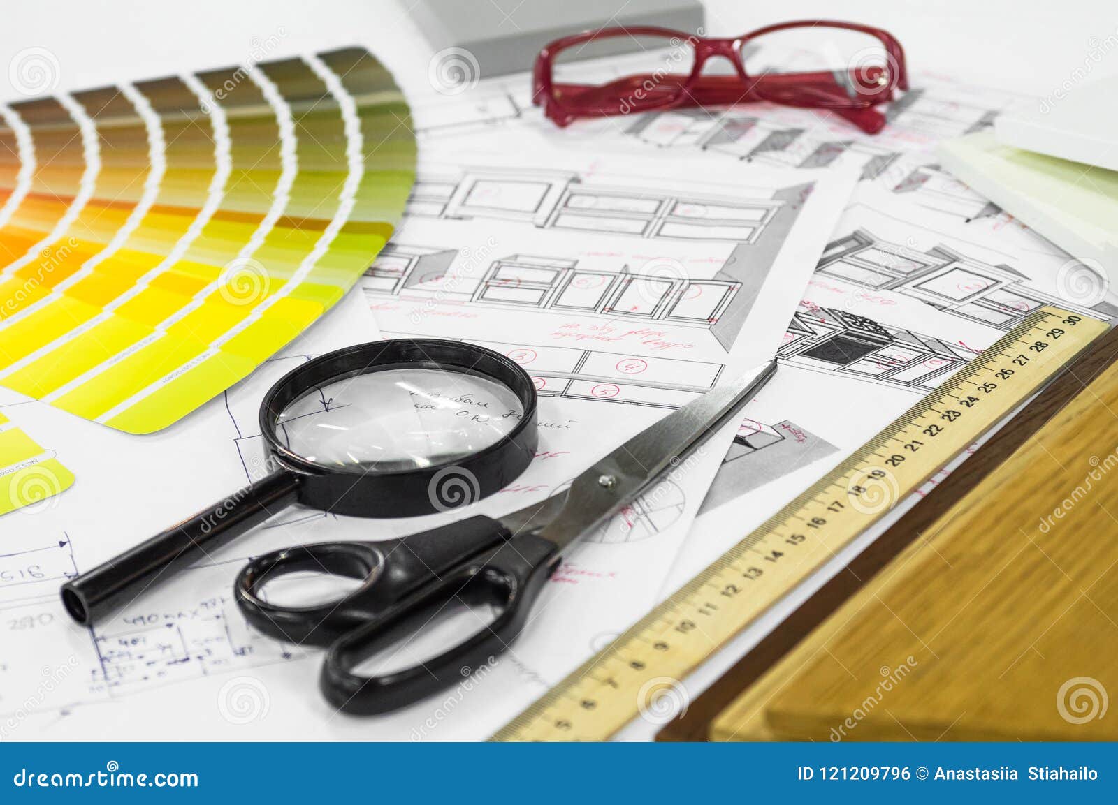 Architectural Blueprint Interior with Wooden Samples and Multi-colored ...