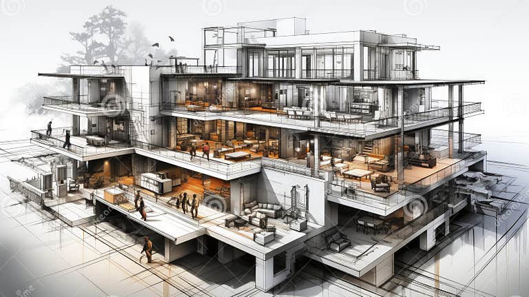 Architectural Blueprint of a Multi-Level Building in Progress. Stock ...