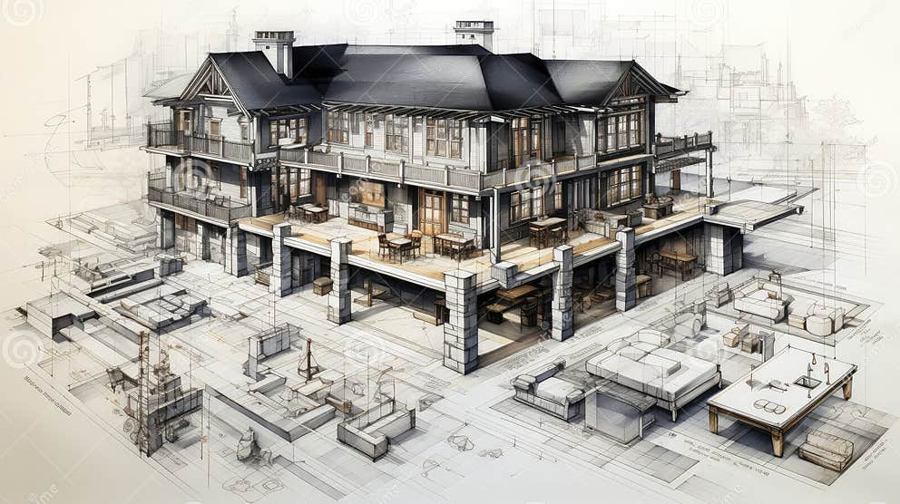 Architectural Blueprint of a Multi-Level Building in Progress. Stock ...