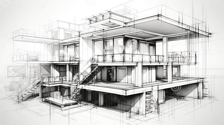 Architectural Blueprint of a Multi-Level Building in Progress. Stock ...
