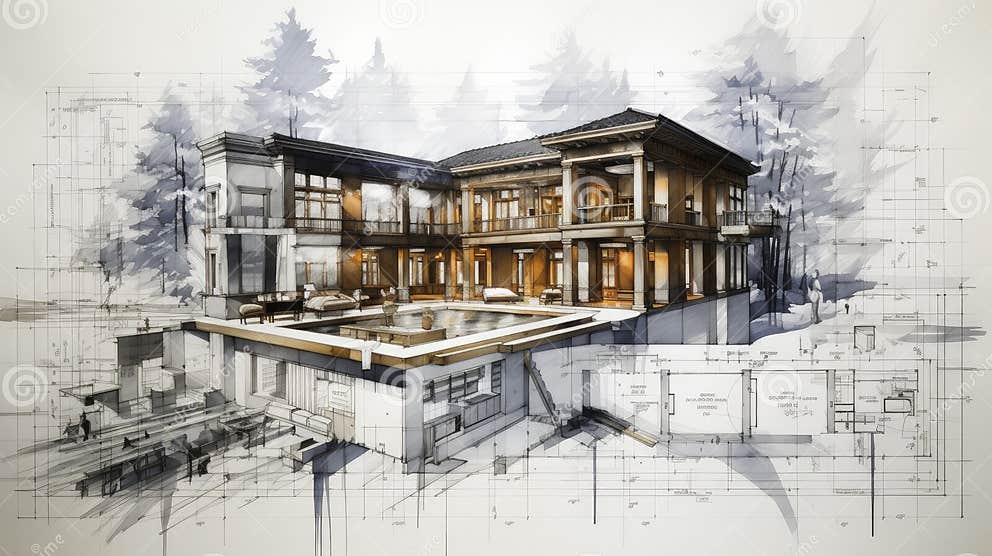 Architectural Blueprint of a Multi-Level Building in Progress. Stock ...