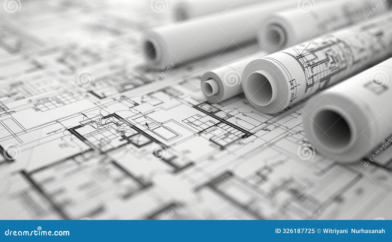 Architectural Blueprint with Rolled Plans Stock Illustration ...