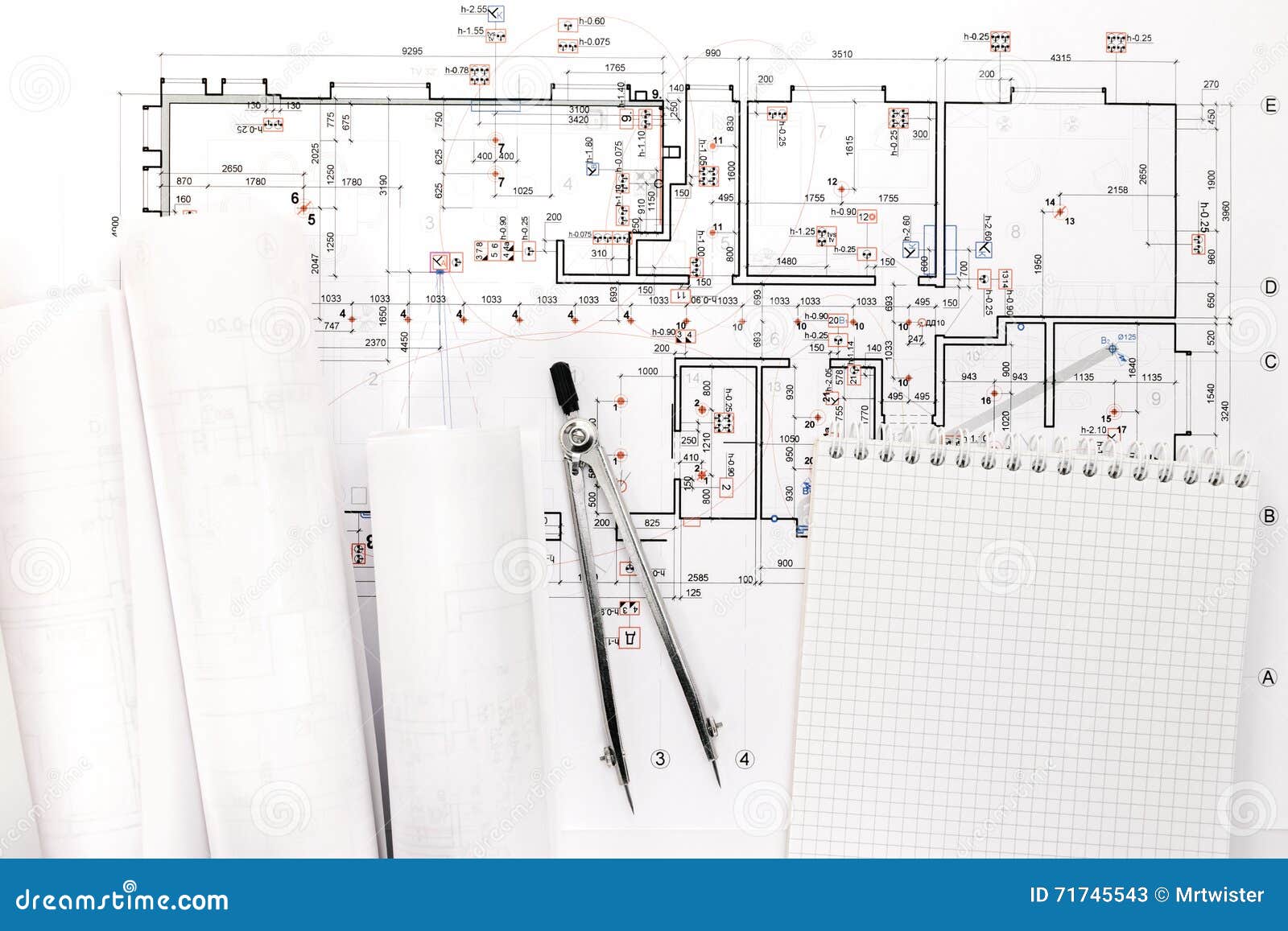 Architectural Blueprint Rolls with Drawing Compass and Notepad Stock ...