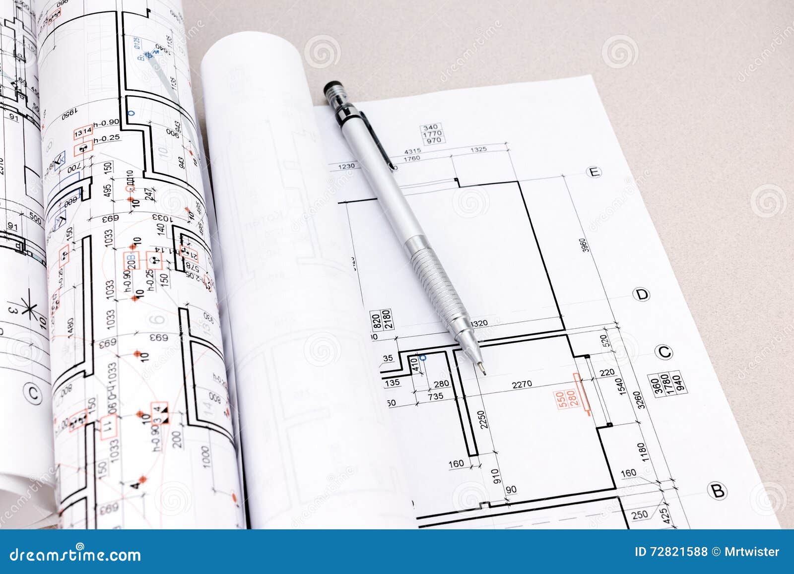 Architectural Blueprint Rolls and Plans on Desk Stock Photo - Image of ...