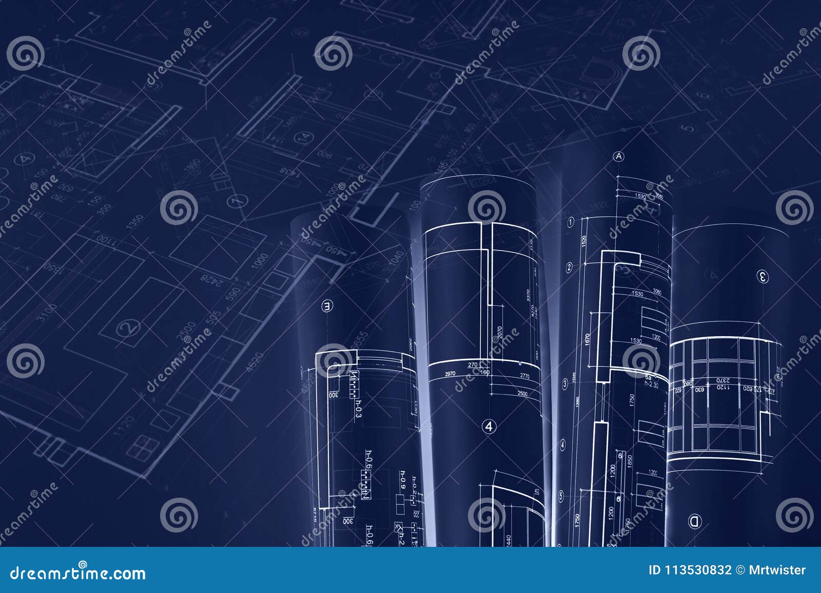 Architectural Blueprint Rolls, Technical Plan Drawings. Blue Ton Stock ...