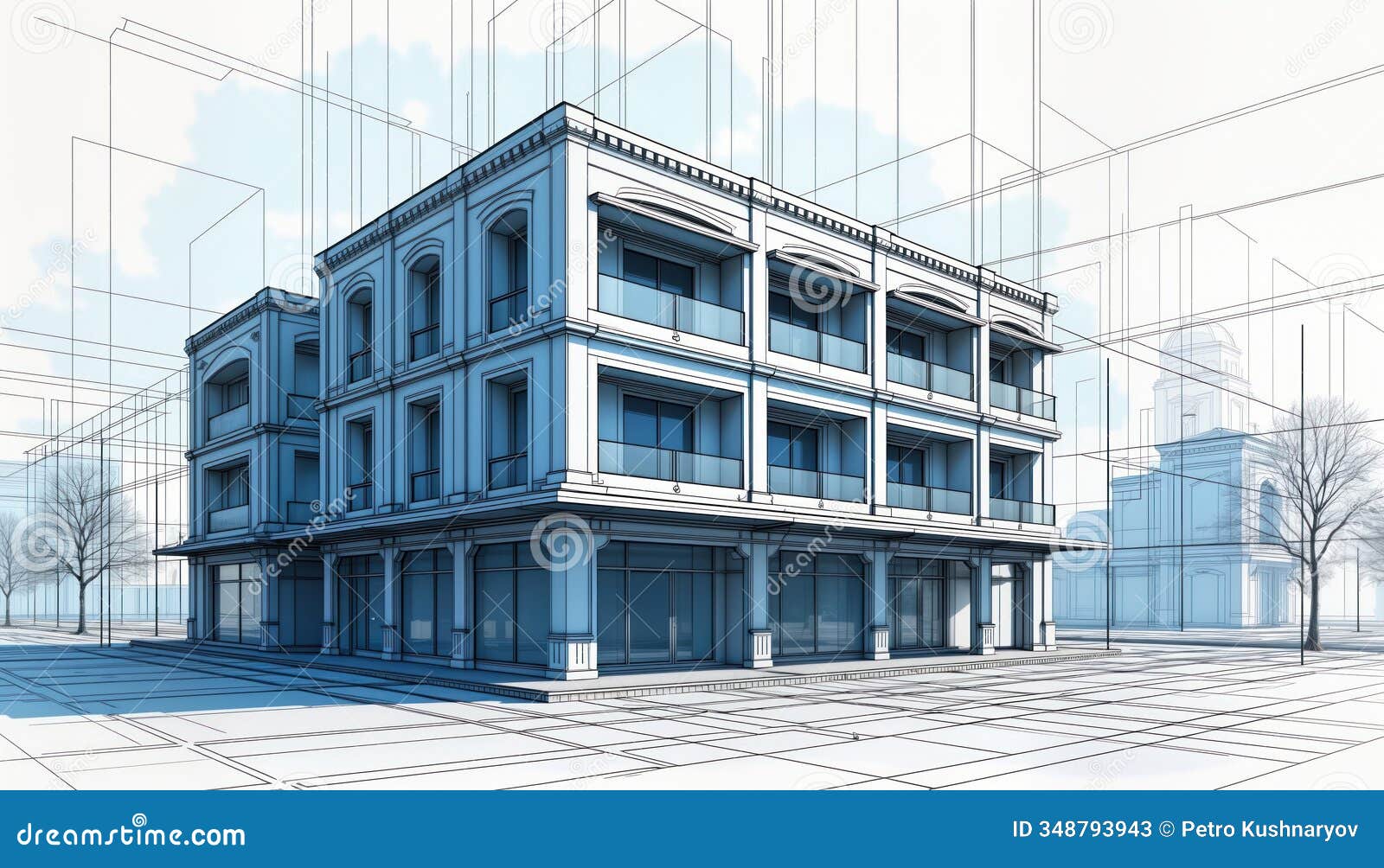 Architectural Blueprint Shows Exterior Design of Hotel Building. Building Plan Structure Layout ...