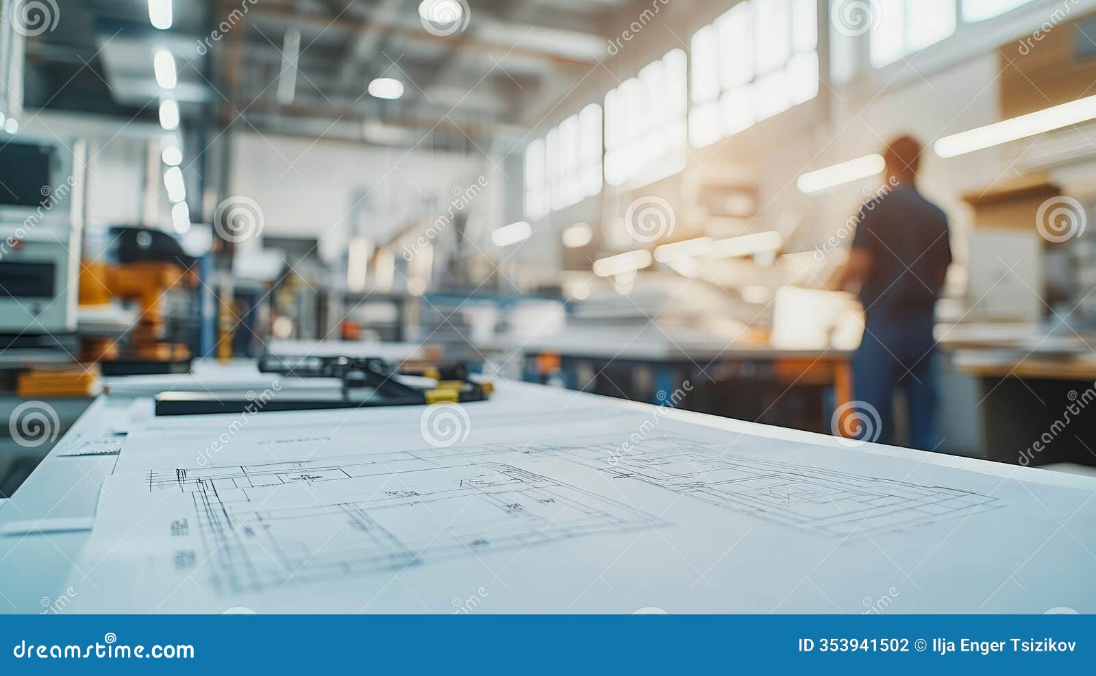 Architectural Blueprint on Table in Modern Industrial Manufacturing ...